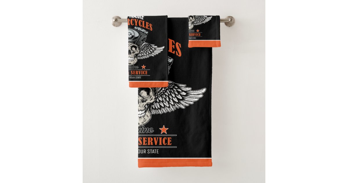 Personalized Biker Flying Skull Motorcycle Shop Bath Towel Set | Zazzle