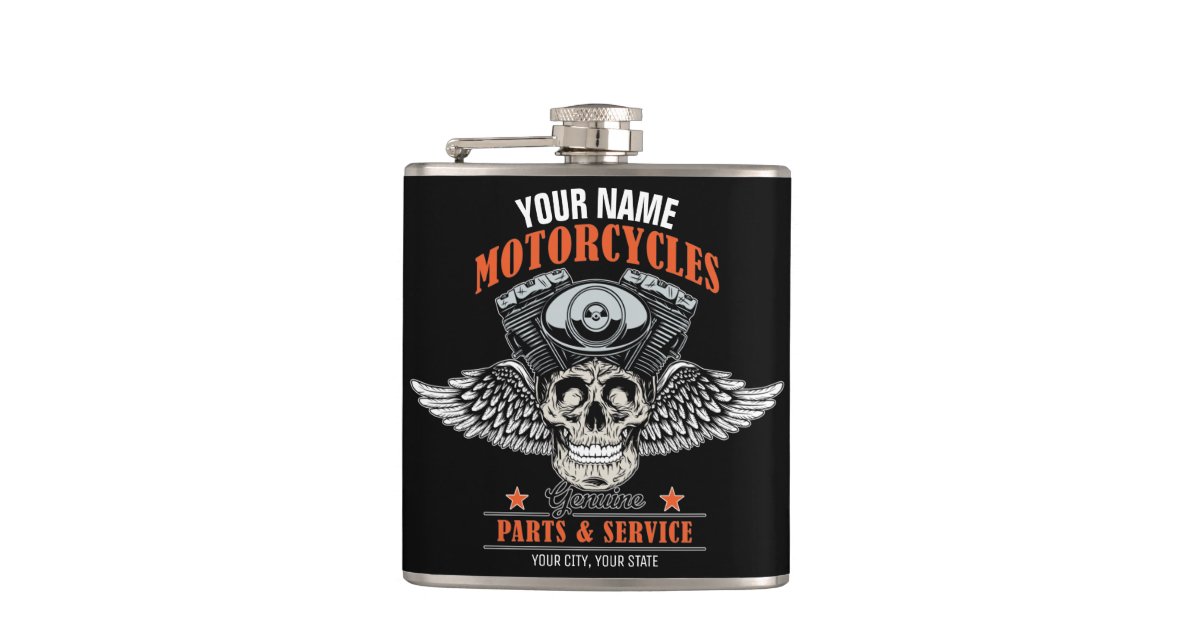 Personalized Biker Flying Skull Motorcycle Shop Flask | Zazzle