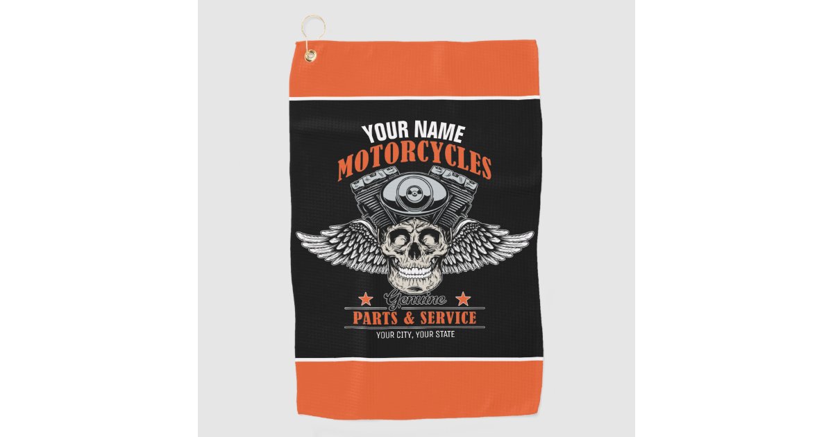 Personalized Biker Flying Skull Motorcycle Shop Golf Towel | Zazzle