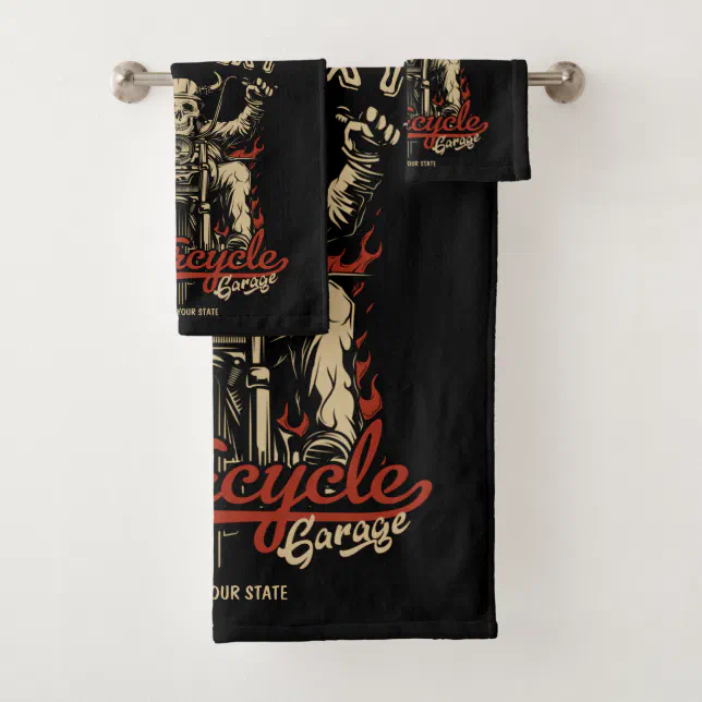 Personalized Biker Skeleton Motorcycle Shop Garage Bath Towel Set | Zazzle