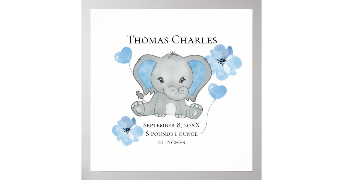 Personalized Birth Stats Baby Elephant Blue Gray Poster | Zazzle