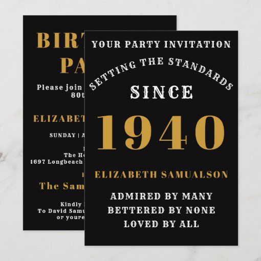 Personalized Birthday 1940 Black Gold White Invitation | Zazzle