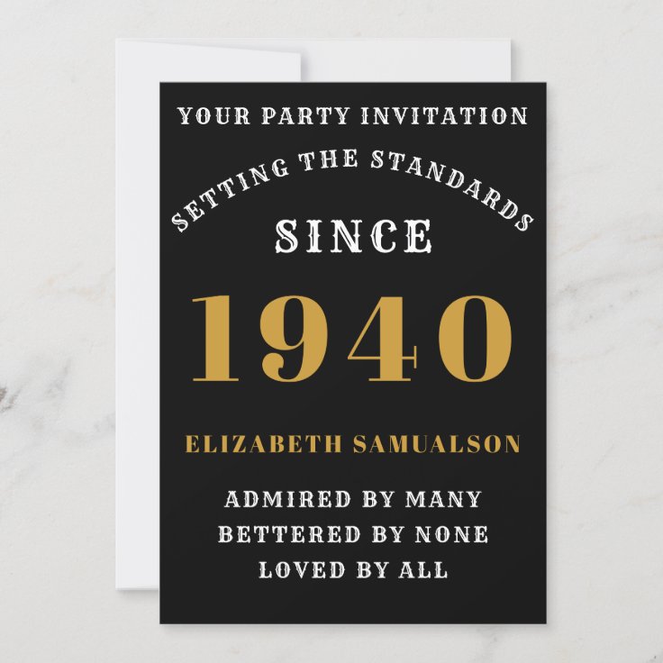 Personalized Birthday 1940 Black Gold White Invitation | Zazzle