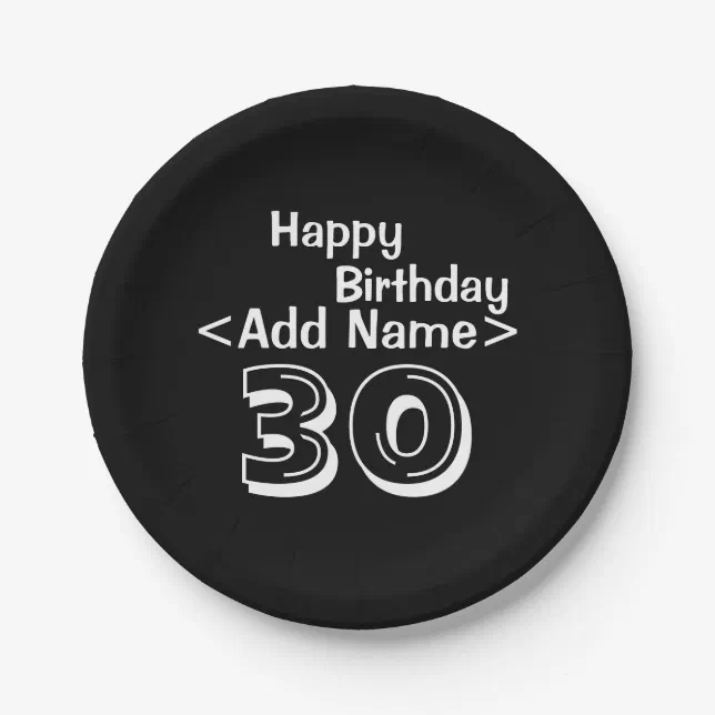 Personalized Black 30th Birthday Paper Plate | Zazzle