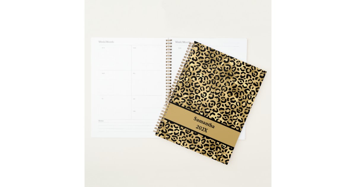 Personalized Black and Gold Leopard Print Planner | Zazzle