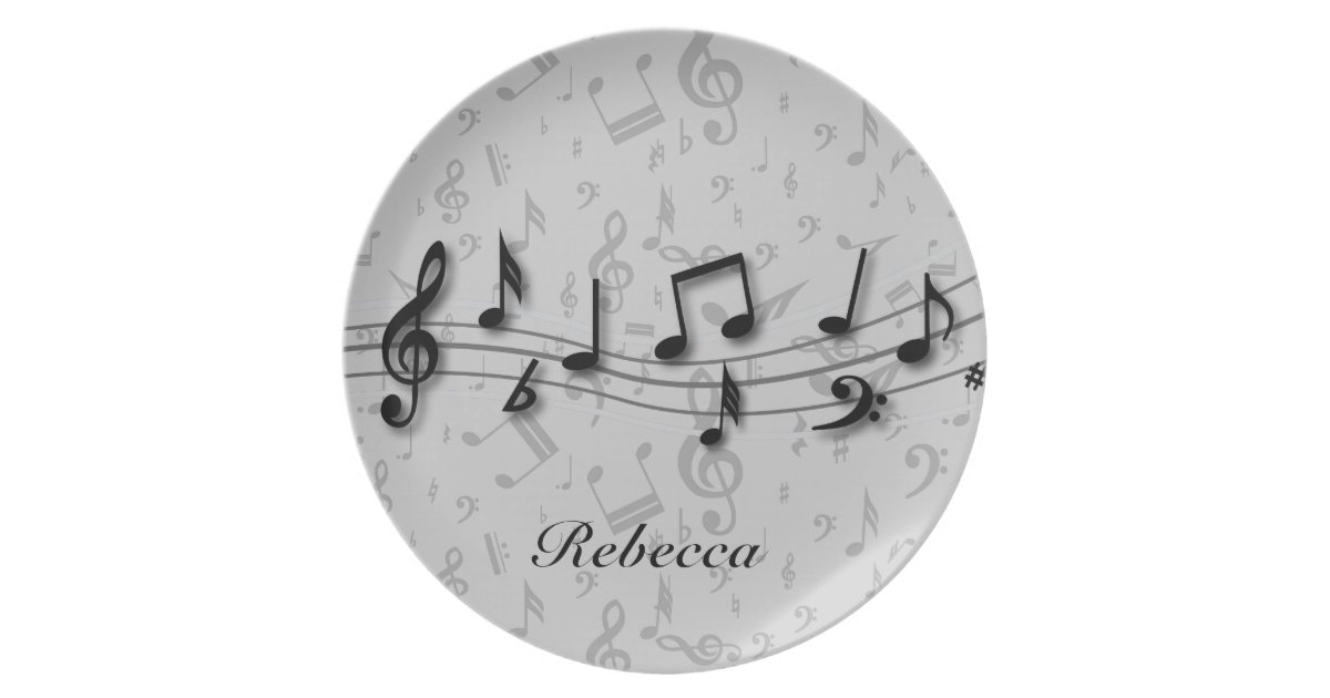 Personalized black and gray musical notes dinner plate | Zazzle