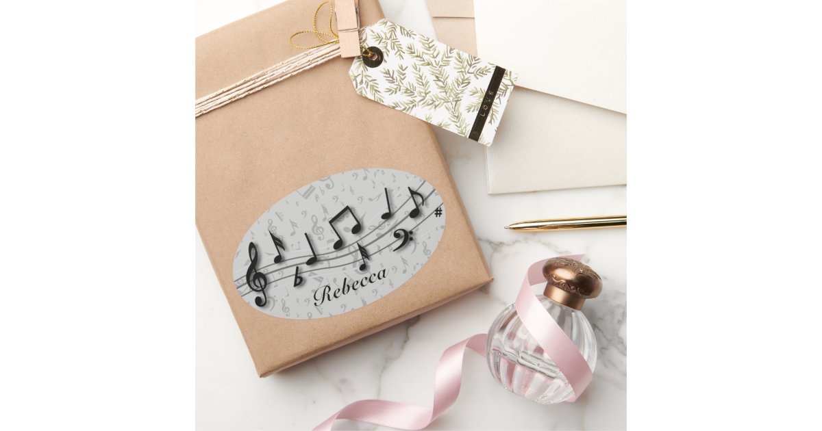 Personalized Black and Gray Musical Notes Oval Sticker | Zazzle