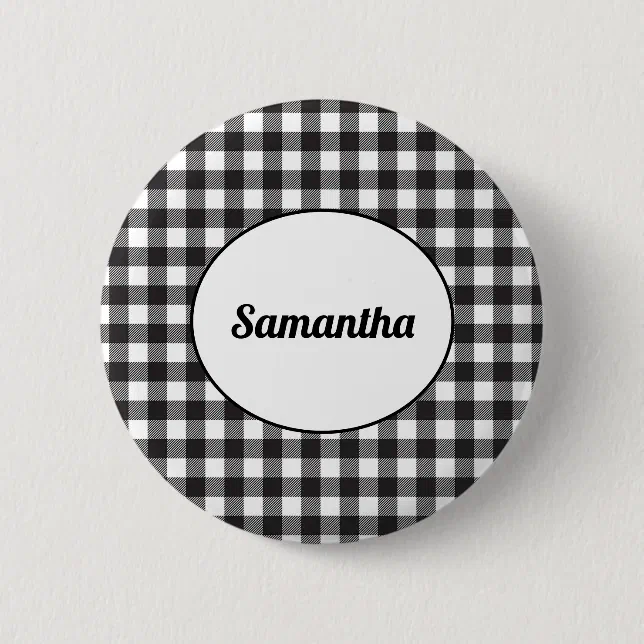Personalized Black and White Buffalo Plaid Button | Zazzle