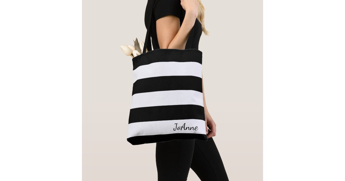 Personalized Black and White Striped Tote | Zazzle