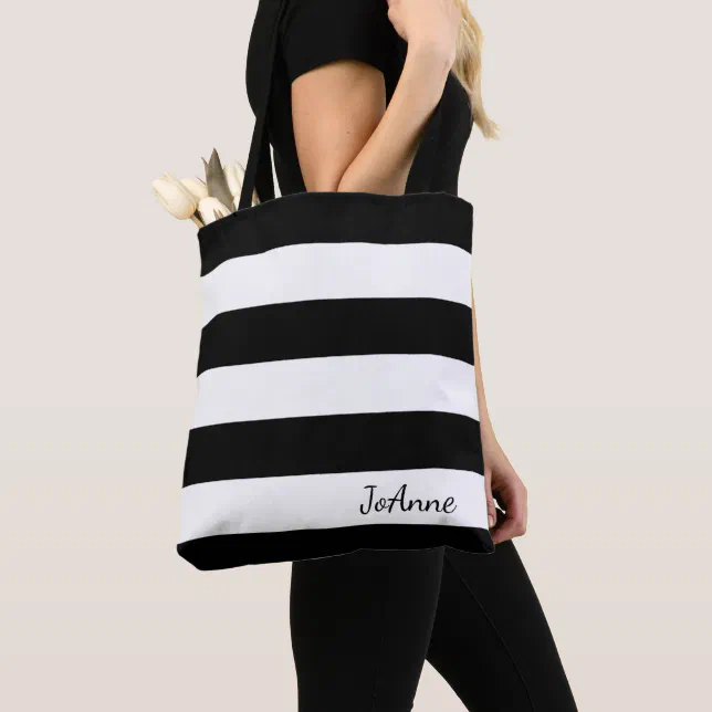 Personalized Black and White Striped Tote | Zazzle