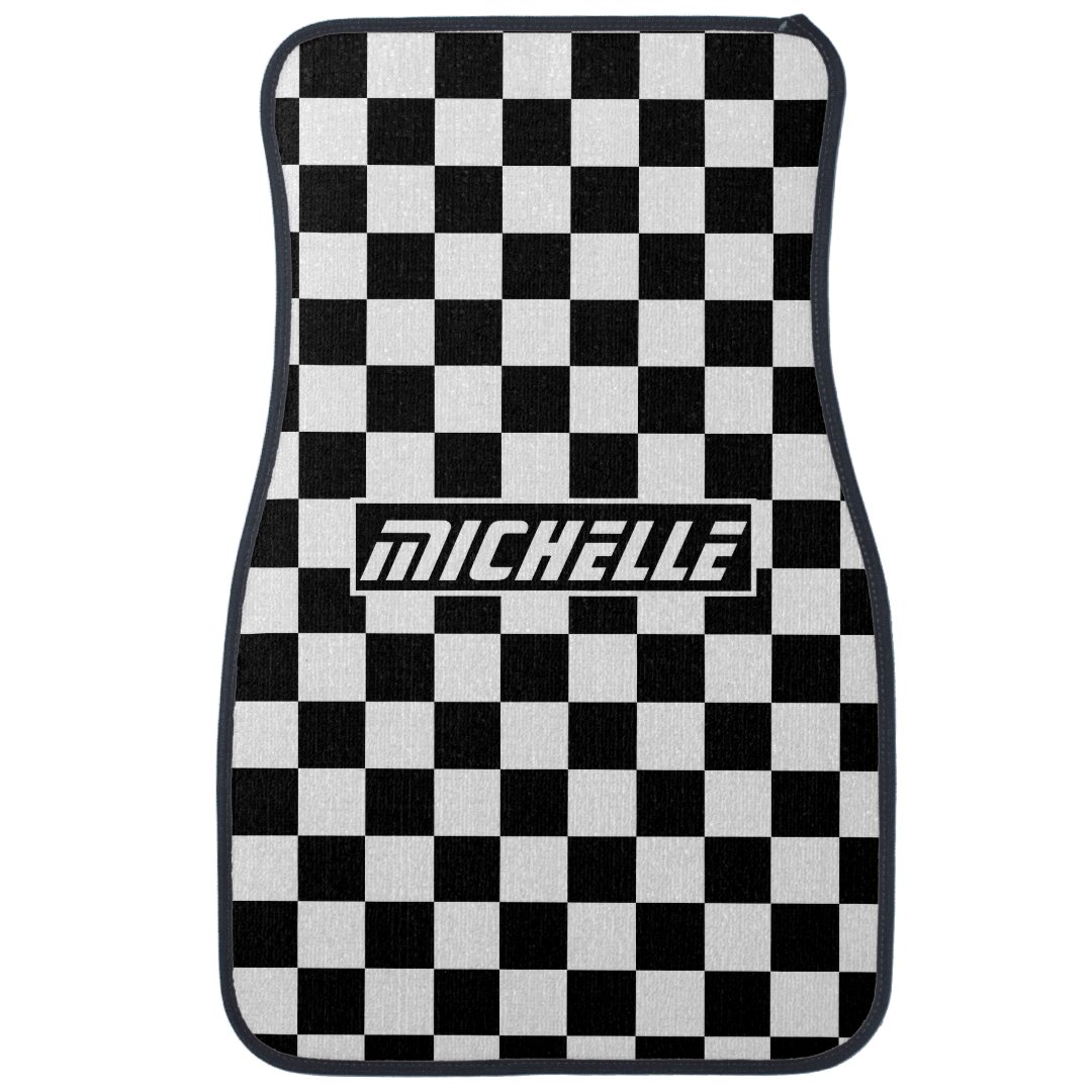 Personalized Black Checkered Racing Car Floor Mat | Zazzle