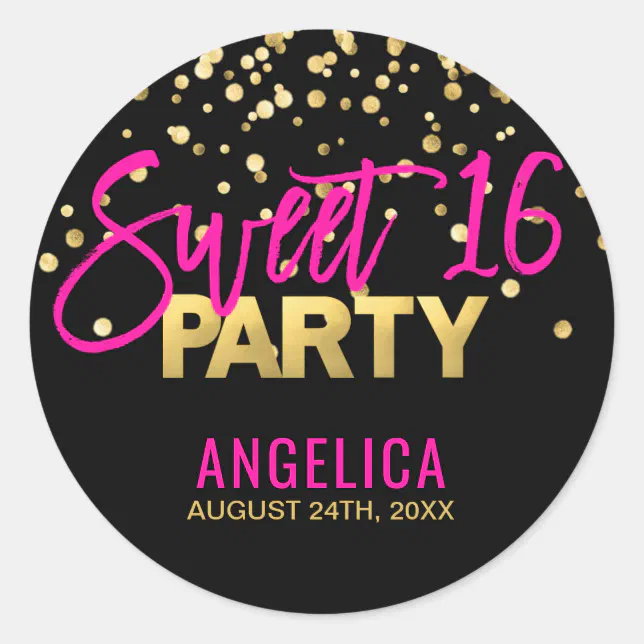 Personalized Black Gold Hot Pink Sweet SIXTEEN 16 Classic Round Sticker ...