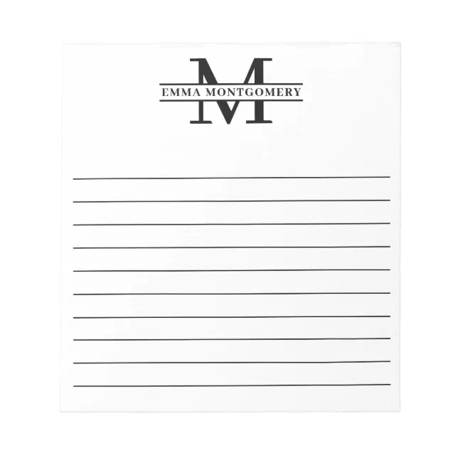 Personalized Black Monogram Name Lined Notepad | Zazzle