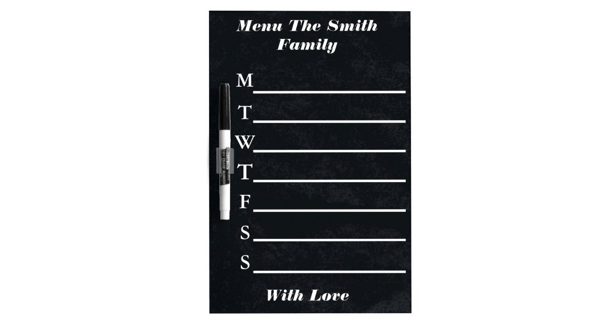 Personalized Black Weekly Dinner Menu Dry Erase Board | Zazzle