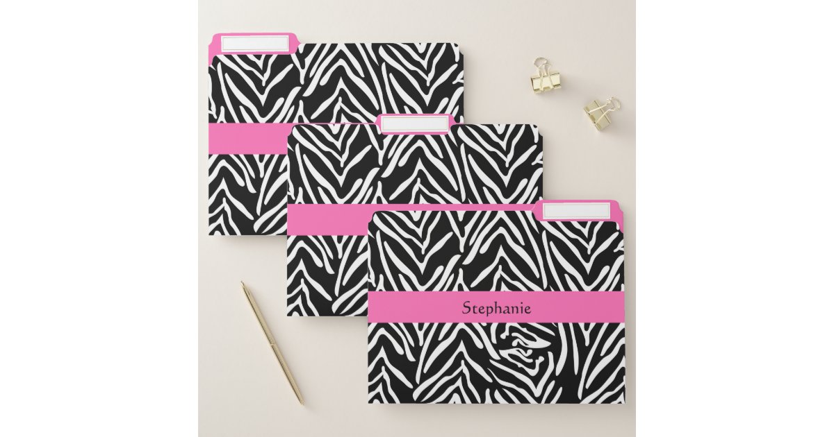 Personalized Black, White and Hot Pink Zebra Print File Folder | Zazzle
