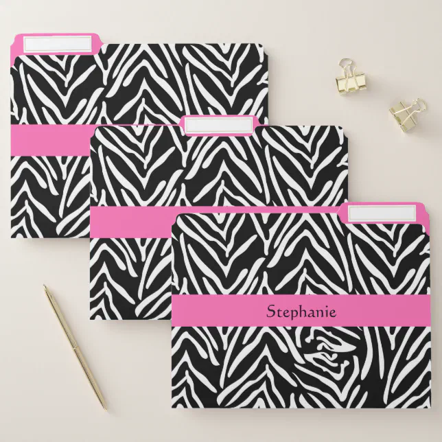 Personalized Black, White and Hot Pink Zebra Print File Folder | Zazzle