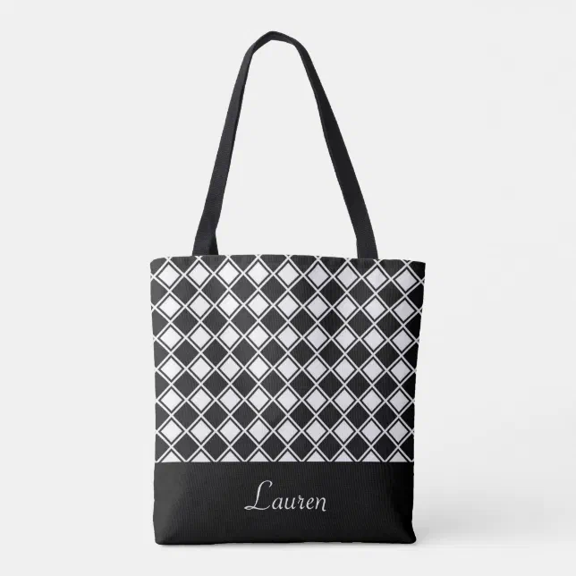Personalized black & white diamond geometric shape tote bag | Zazzle