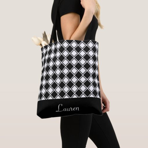Personalized black & white diamond geometric shape tote bag | Zazzle