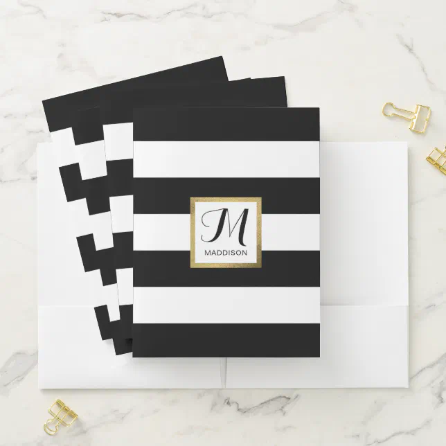 Personalized Black & White Striped Gold Monogram Pocket Folder | Zazzle