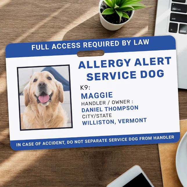 Personalized Blue Allergy Alert Service Dog Photo Badge | Zazzle