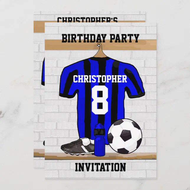 Personalized Blue and Black Football Soccer Jersey Invitation | Zazzle