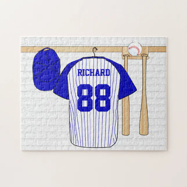 Personalized Blue and White Baseball Jersey Jigsaw Puzzle | Zazzle