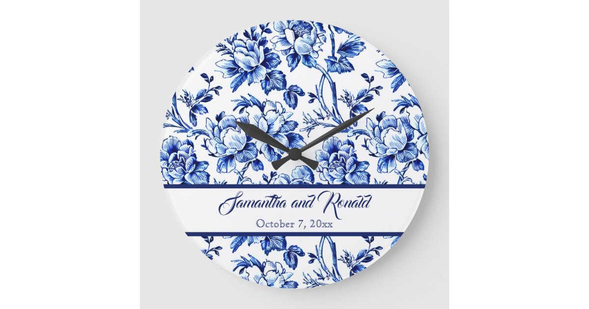 Personalized Blue and White Floral Toile Wedding Large Clock | Zazzle