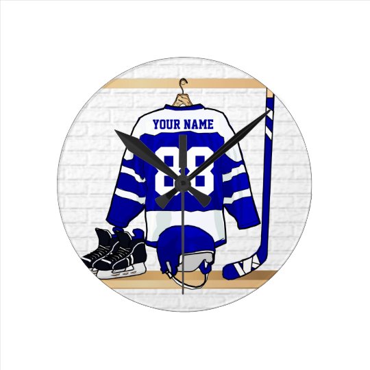 Personalized Blue and White Ice Hockey Jersey Round Clock | Zazzle.com