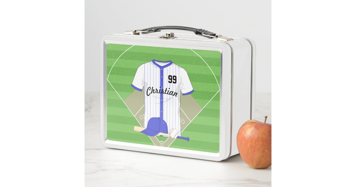 Personalized blue baseball metal lunch box | Zazzle