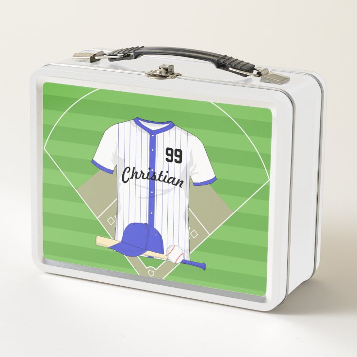Personalized blue baseball metal lunch box | Zazzle