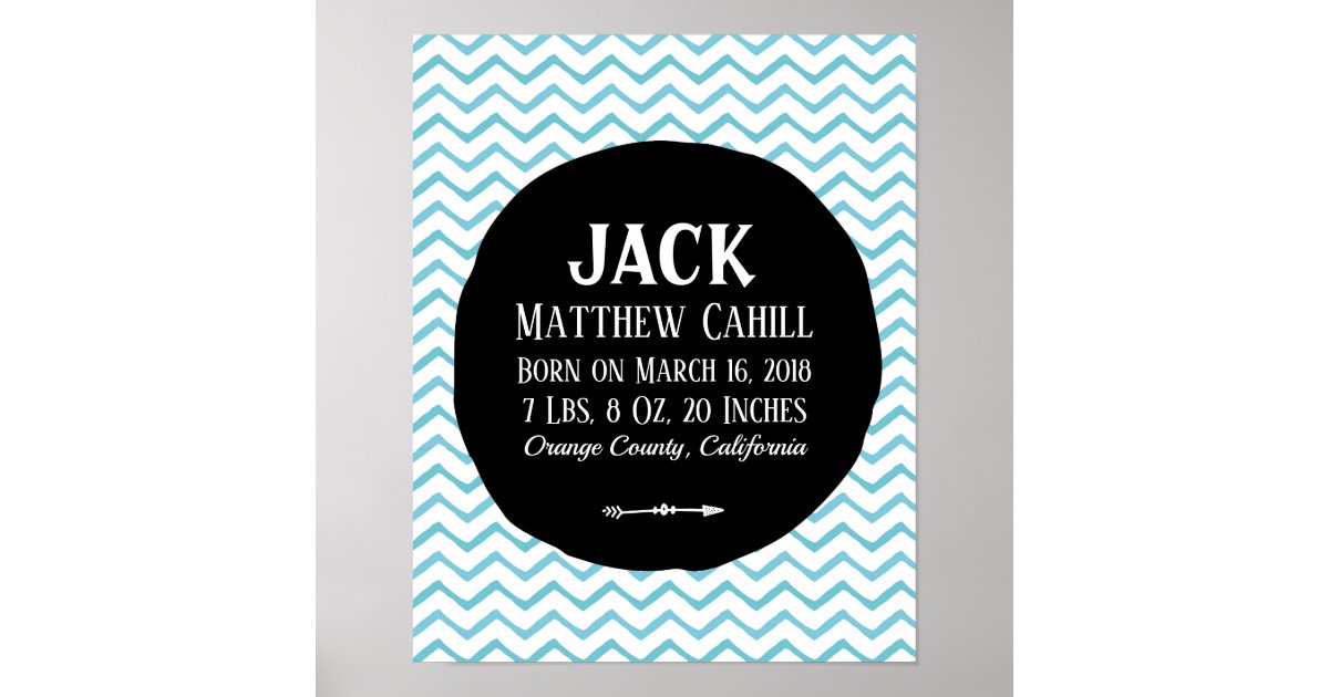 Personalized blue chevron birth poster print | Zazzle