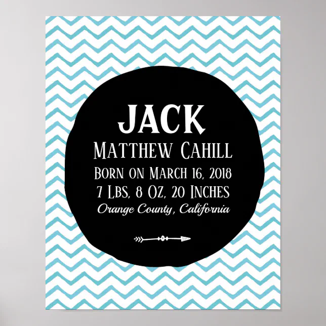 Personalized blue chevron birth poster print | Zazzle