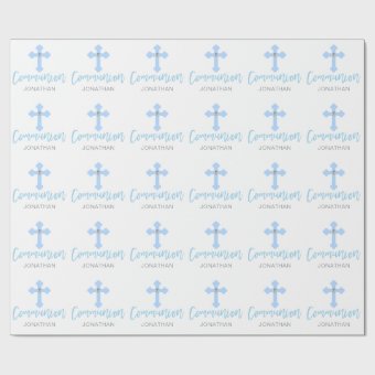 Personalized Blue Cross Boy First Holy Communion Wrapping Paper | Zazzle