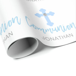 Personalized Blue Cross Boy First Holy Communion Wrapping Paper | Zazzle