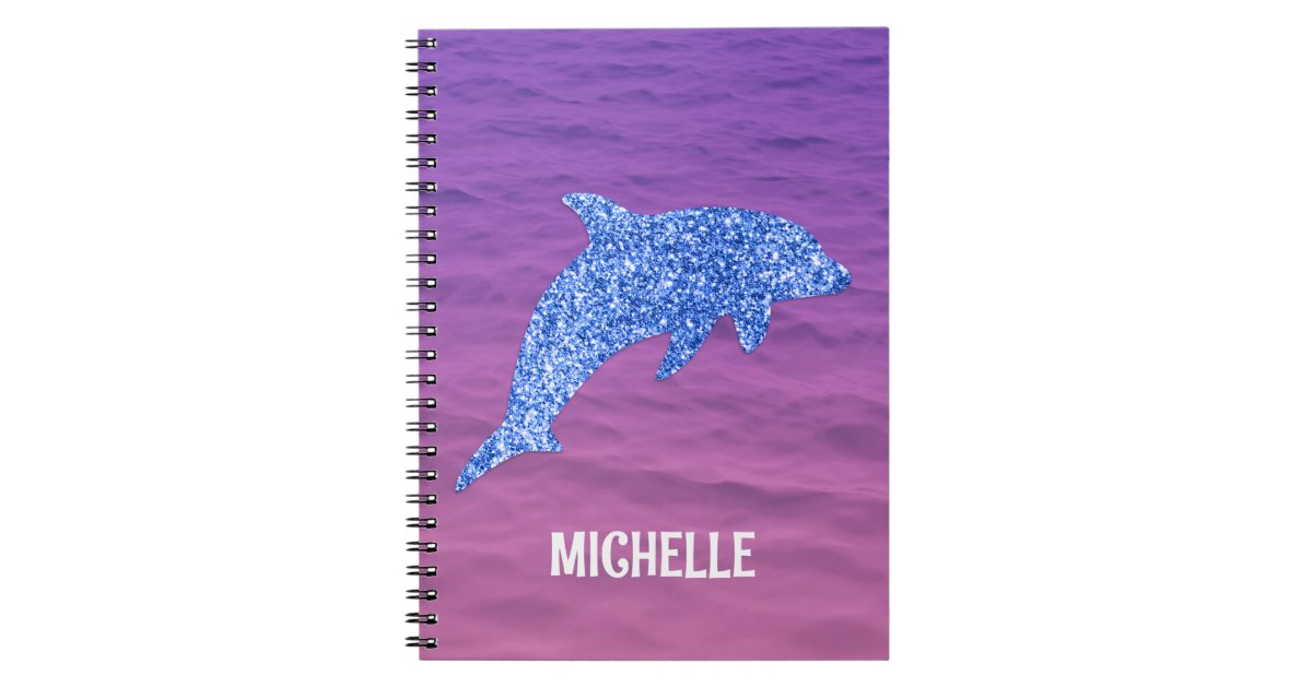 Personalized Blue Glitter Dolphin Pink And Purple Notebook | Zazzle