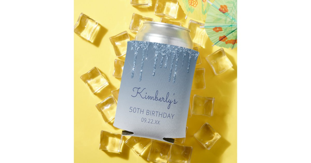 Personalized Blue Glitter Drip 50th Birthday Can Cooler | Zazzle