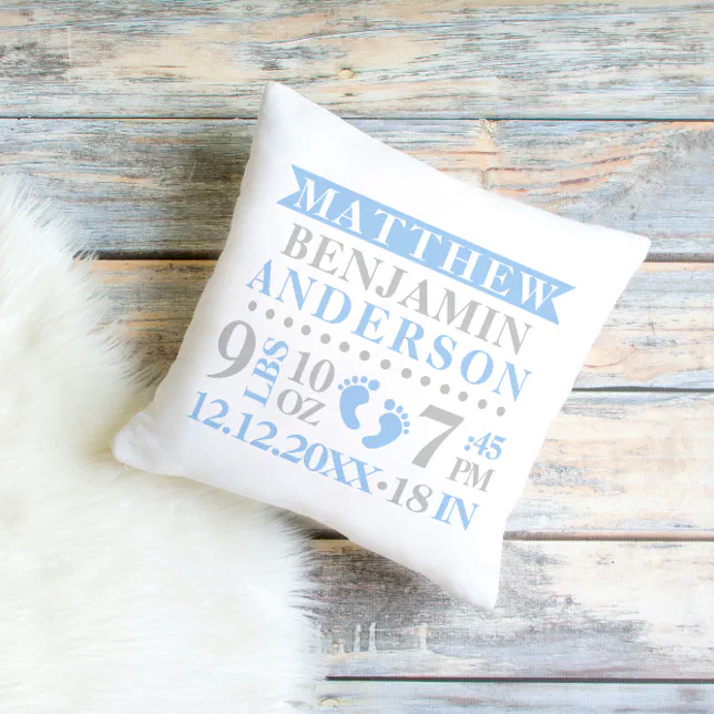 Personalized Blue Gray Birth Stat BABY Boy Nursery Throw Pillow | Zazzle