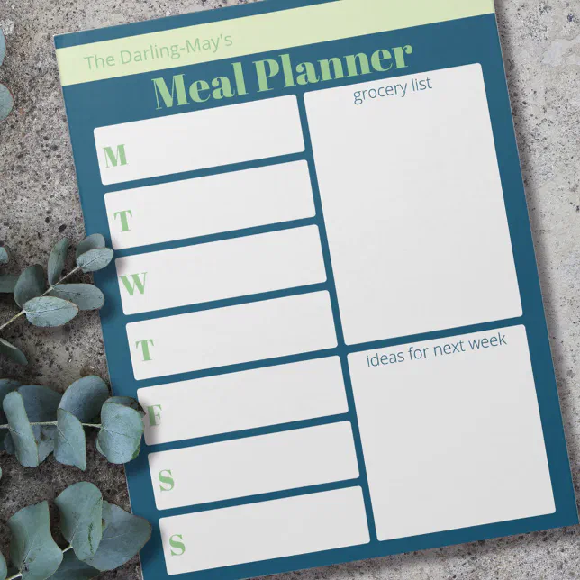 Personalized Blue Green Meal Planner Grocery List Notepad | Zazzle