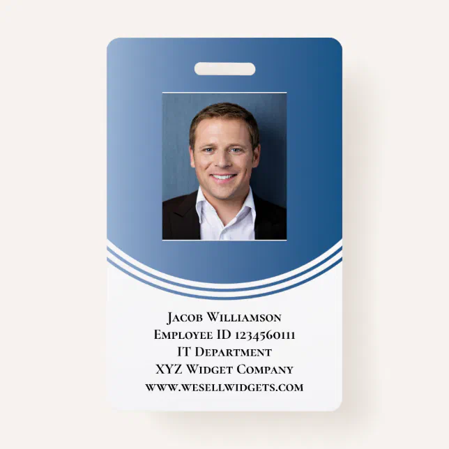 Personalized Blue Modern Business Employee Photo Badge | Zazzle
