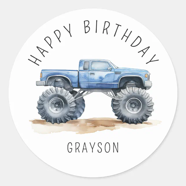 Personalized Blue Monster Truck Birthday Gift Classic Round Sticker ...
