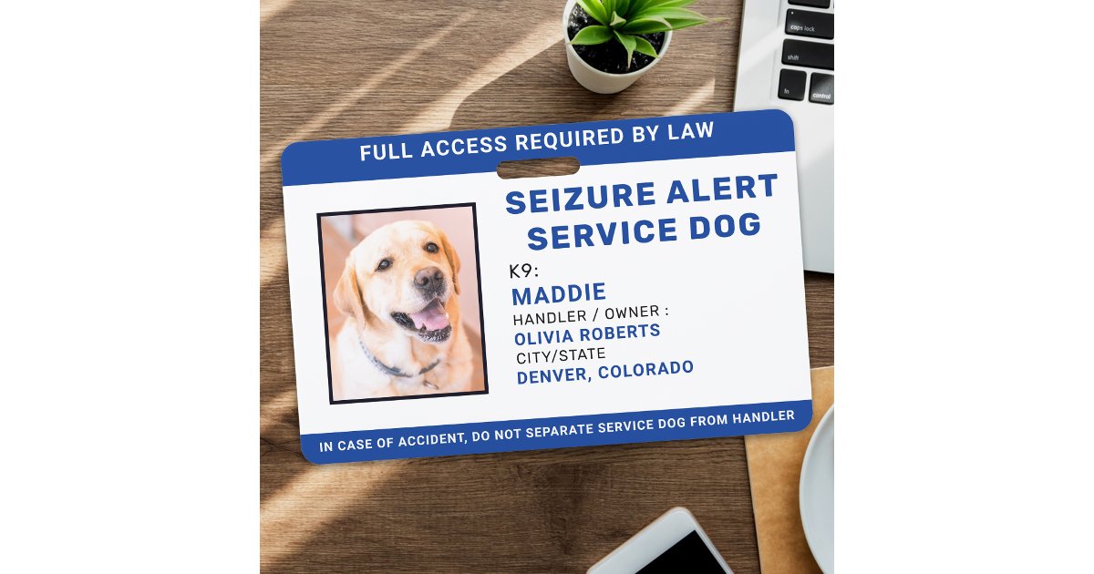Personalized Blue Photo Seizure Alert Service Dog Badge | Zazzle