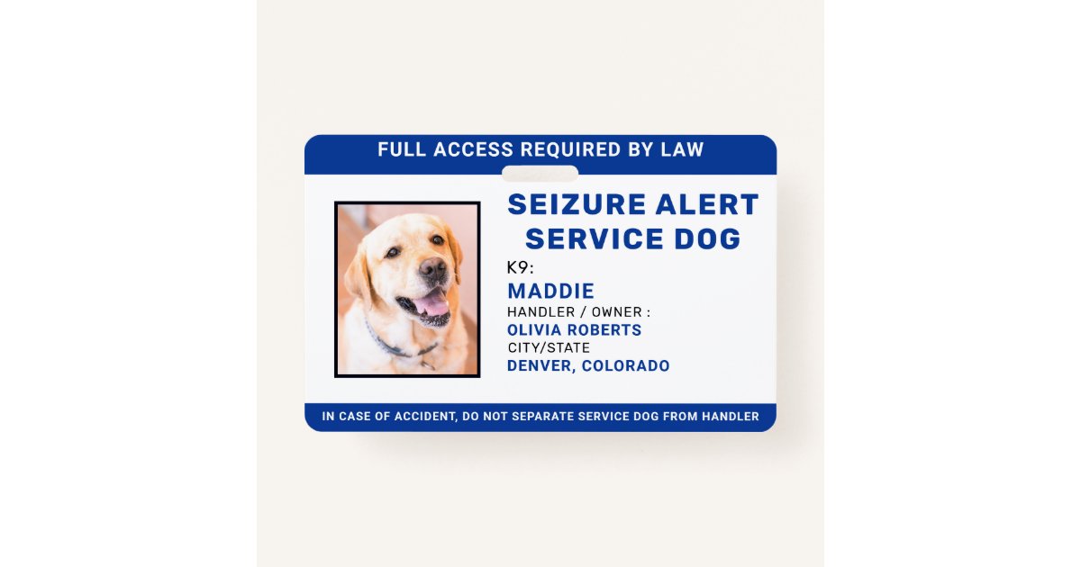 Personalized Blue Photo Seizure Alert Service Dog Badge | Zazzle