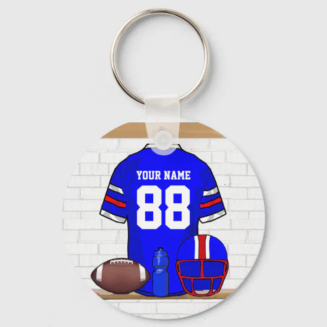 Personalized Blue White Red Football Jersey Keychain | Zazzle