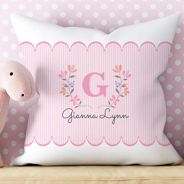Personalized Blush Pink Floral Monogram Baby Throw Pillow | Zazzle