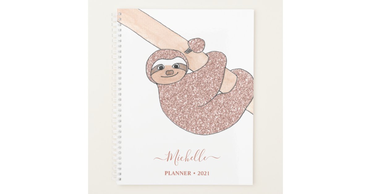 Personalized Blush Pink Glitter Sloth Planner | Zazzle