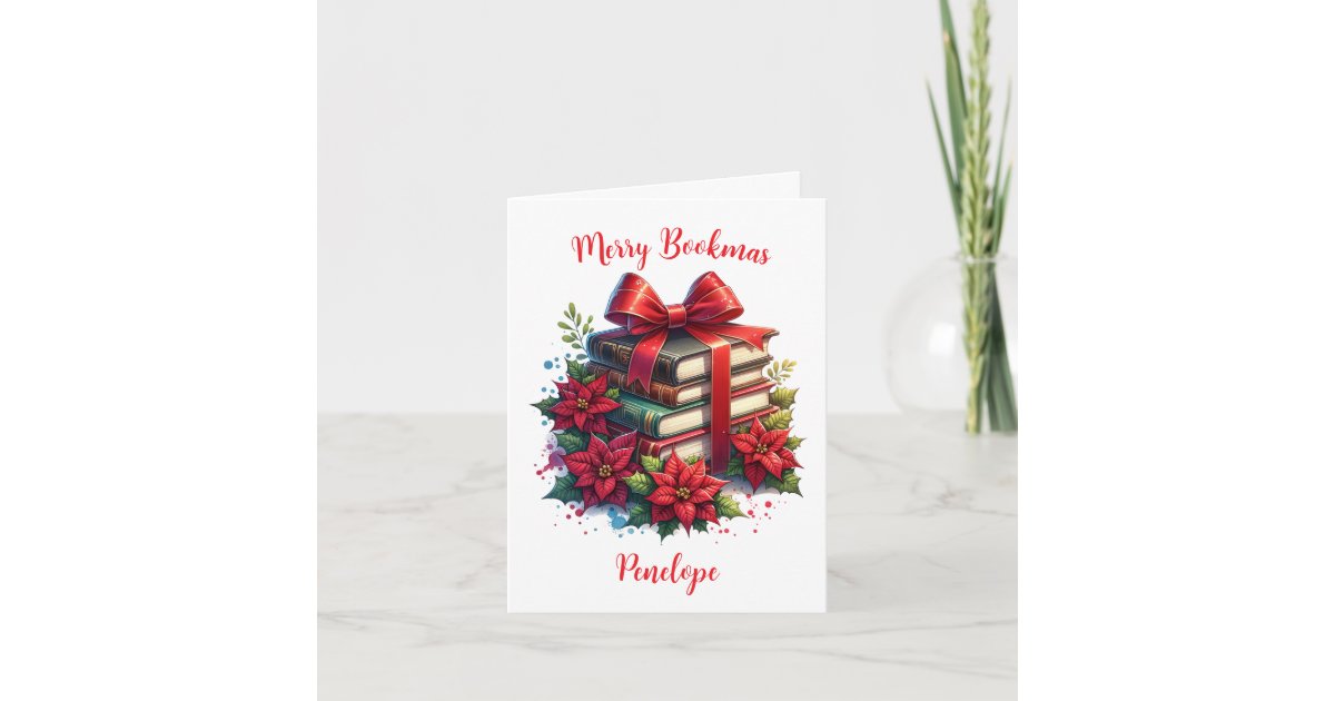 Personalized Books and Poinsettias Merry Bookmas Card | Zazzle