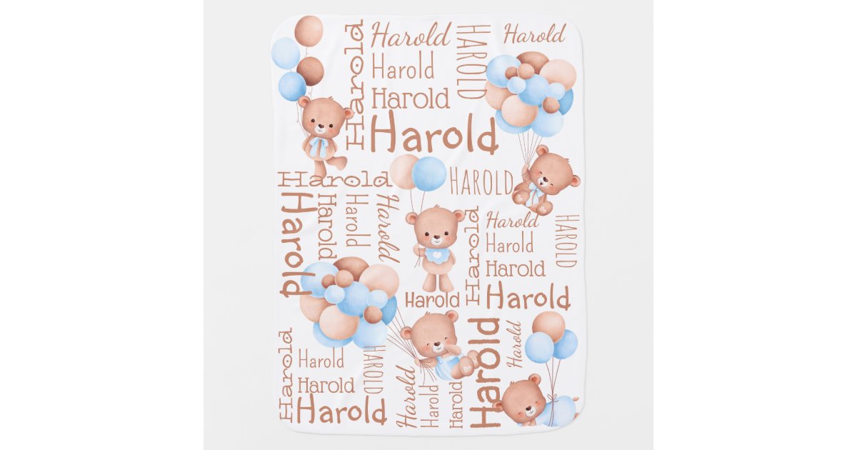 Personalized boys name teddy bear with balloons baby blanket | Zazzle