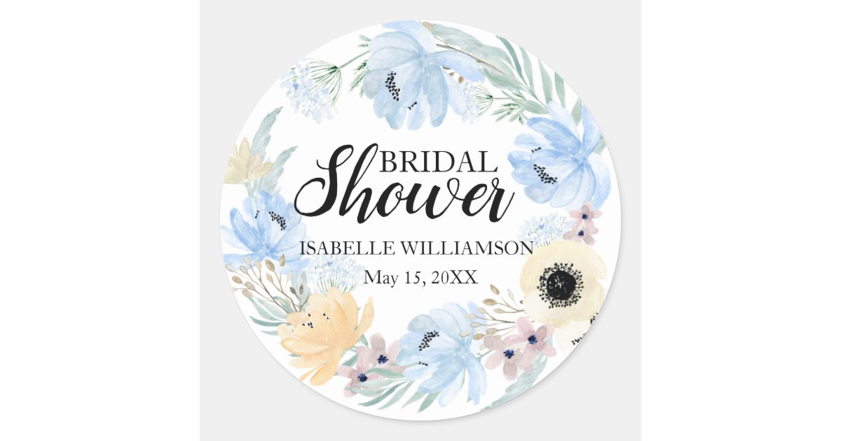 Personalized Bridal Shower Sticker, Blue Flowers Classic Round Sticker ...
