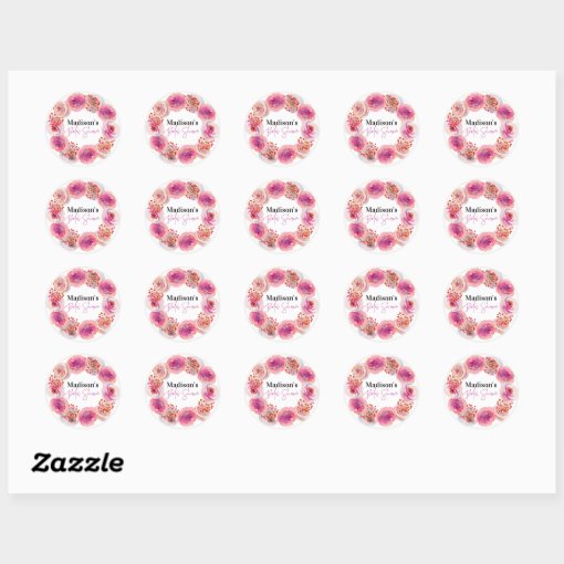 Personalized Bride Name Bridal Shower Pink Floral Classic Round Sticker ...