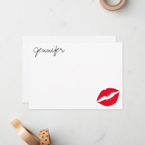 Personalized Bright Red Glam Lipstick Kiss Note Card | Zazzle